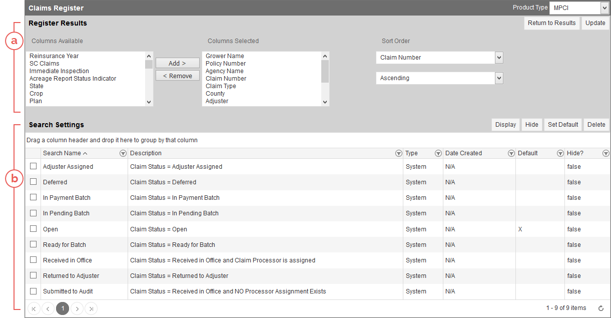 Claims & Inspections Register Settings Page
